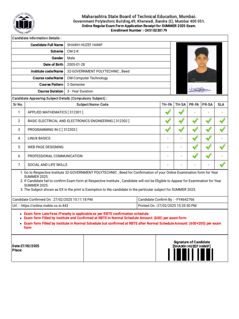 Exam Form Application of Candidate For | PDF | Educational Stages