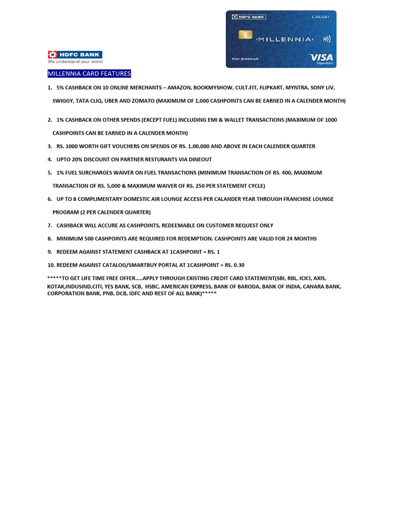 HDFC Millennia Card Benefits Overview | PDF