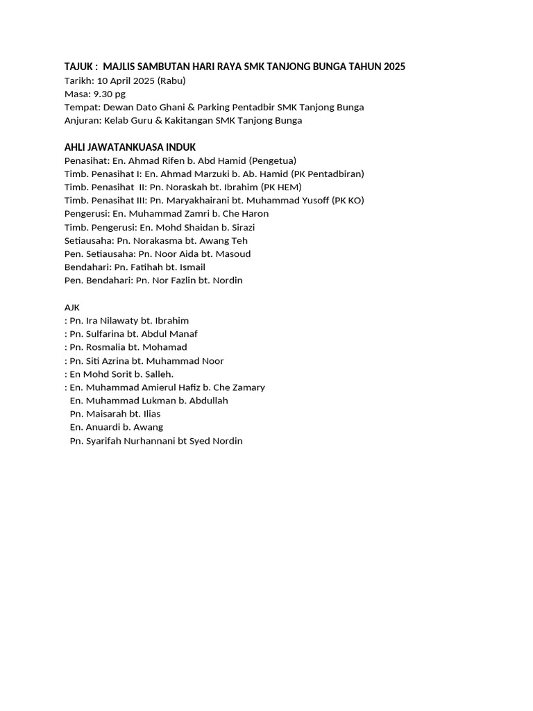 AJK SAMBUTAN HARI RAYA KGKT SMKTB 2025 | PDF