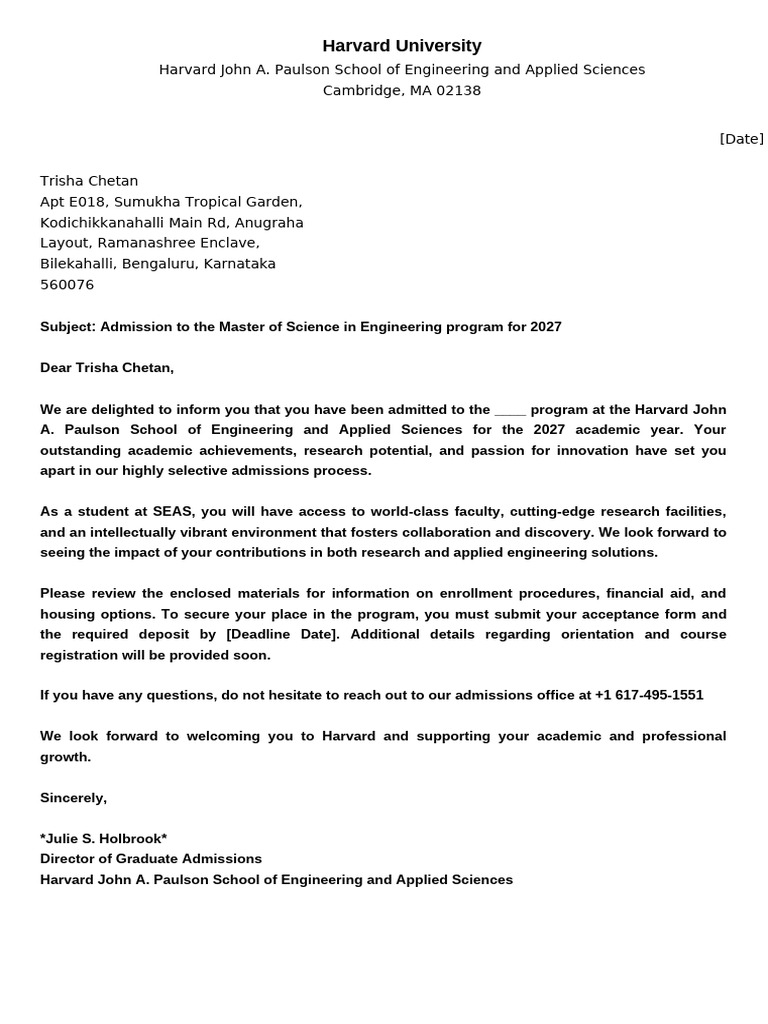 Harvard SEAS Admission Letter 2027 | PDF