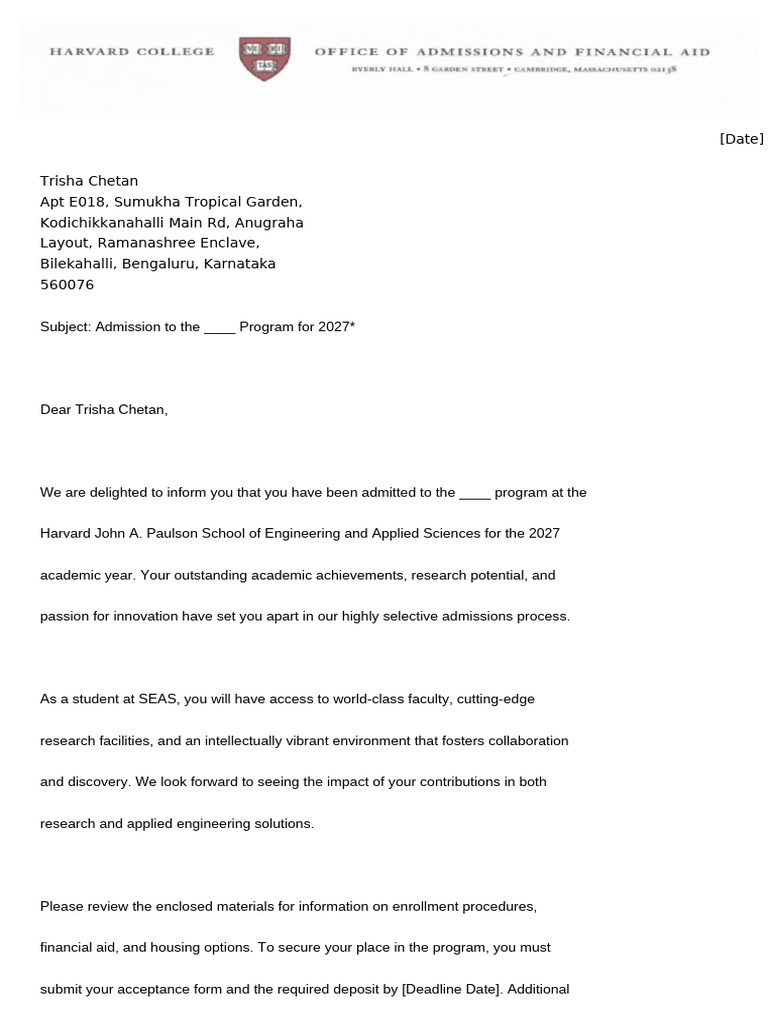 Harvard SEAS Admission Letter 2027 | PDF