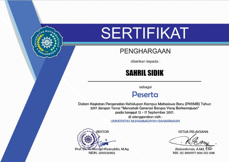 E-Sertifikat PKKMB 2017 Nama | PDF
