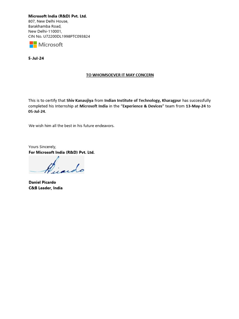 Microsoft Internship Certificate for Shiv Kanaujiya | PDF