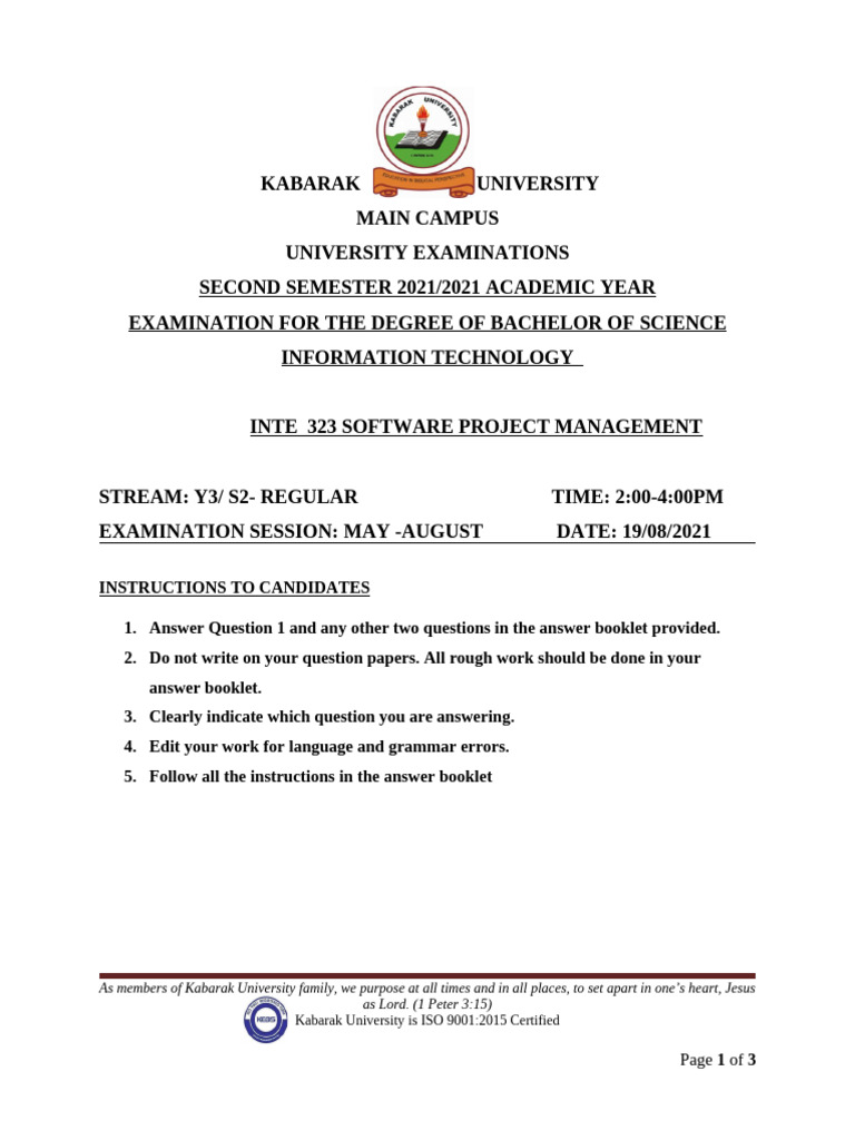 INTE 323 SOFTWARE PROJECT MANAGEMENT - Kabarak University - 1 | PDF ...