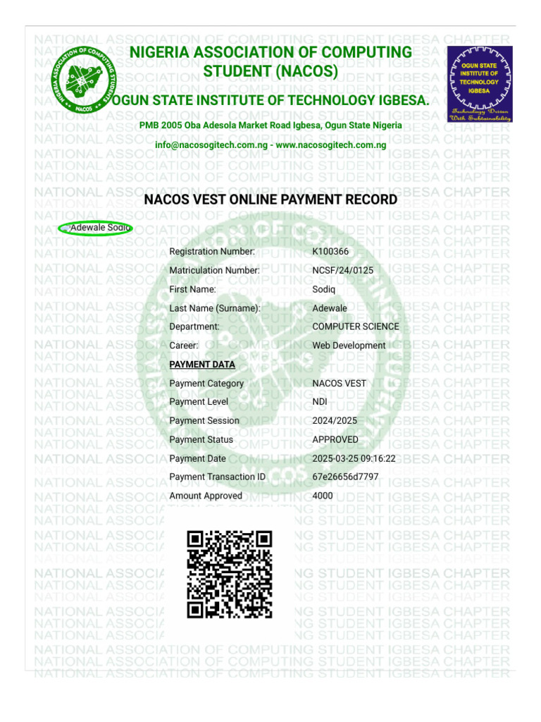 Nacos Receipt ADEWALE | PDF