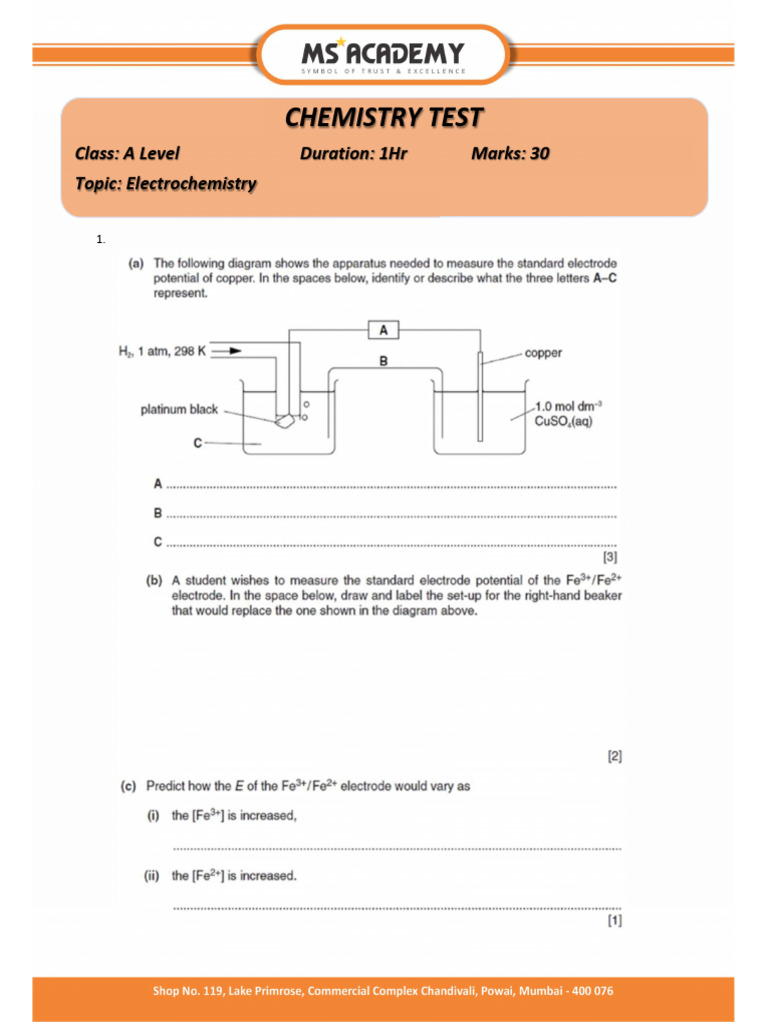 A level Electrochemistry Test | PDF