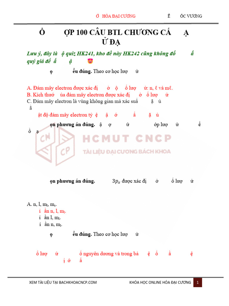 Đáp Án Tổng Hợp 100 Câu Btl Chương Cấu Tạo Nguyên Tử | PDF