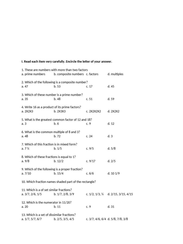 Math Quiz: Fractions and Factors | PDF | Division (Mathematics ...