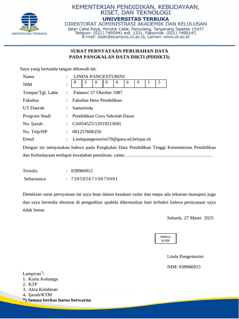 SURAT PERNYATAAN PDDIKTI | PDF