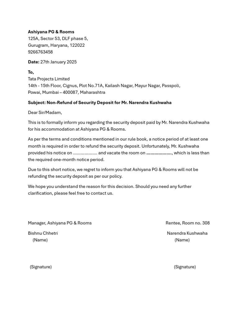 Non-Refund of Security Deposit Notice | PDF
