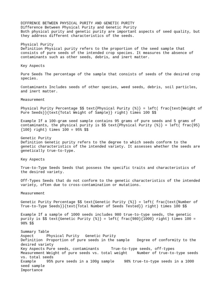 Diffrence Between Physical Purity A | PDF | Biology | Agriculture