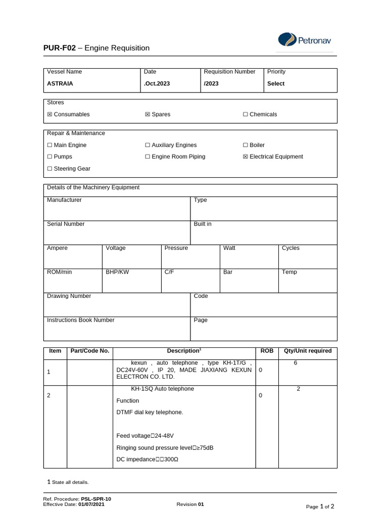 Kexun Empty - PUR-F02 - Engine Requisition (Revision 01) | PDF | Electric Power | Power (Physics)