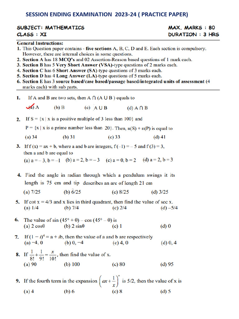 XI Maths Practice QP-SEE 2023-24 | PDF