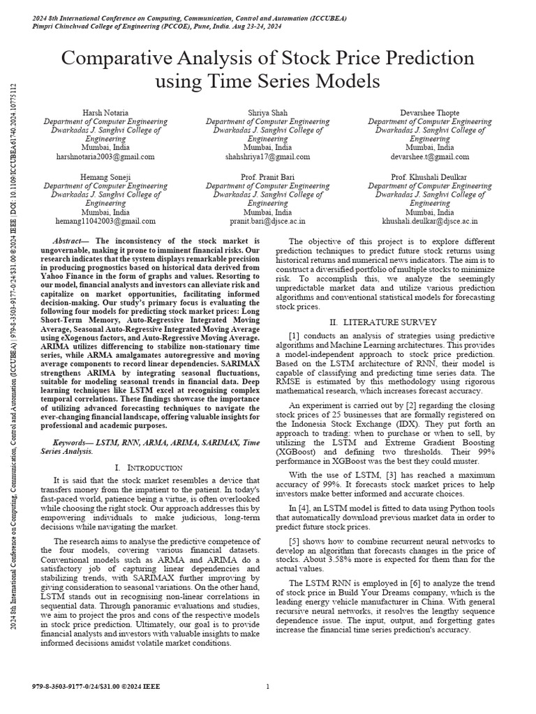 Comparative Analysis Of Stock Price Prediction Using Time Series Models