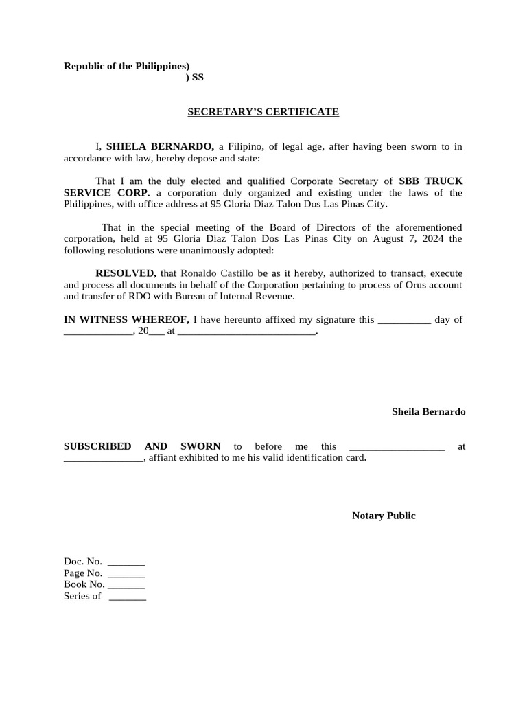 Secretary Certificate - KRC Printing | PDF
