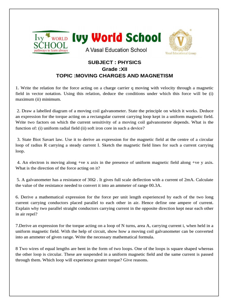 Revision Assignment Moving Charges and Magnetism | PDF | Magnetic Field | Force