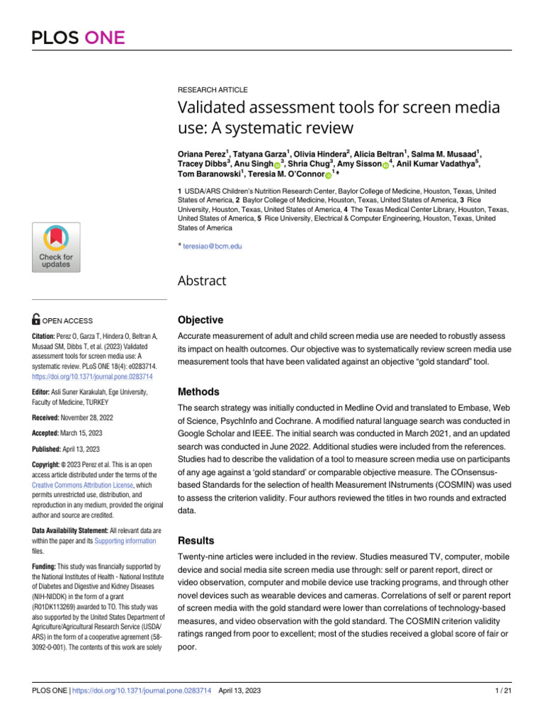 Validated Assessment Tools For Screen Media Use A | PDF | Systematic ...