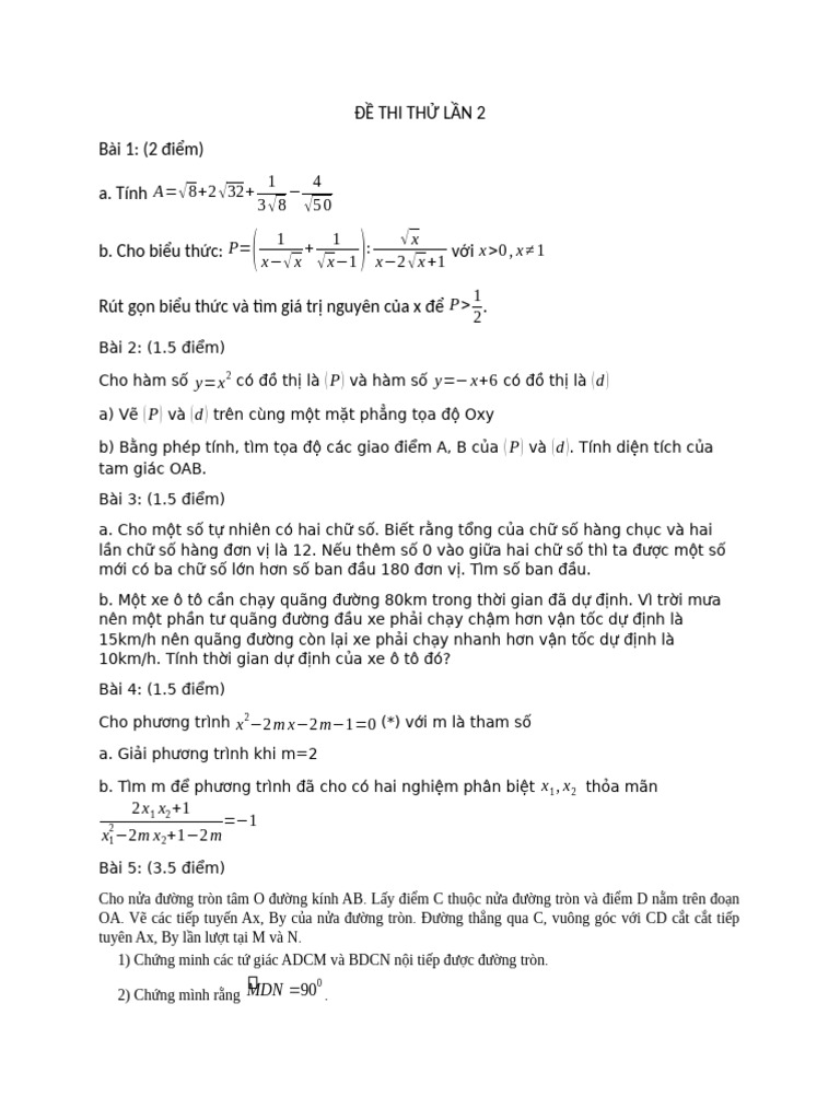 Đề Thi Thử Toán 9 | PDF