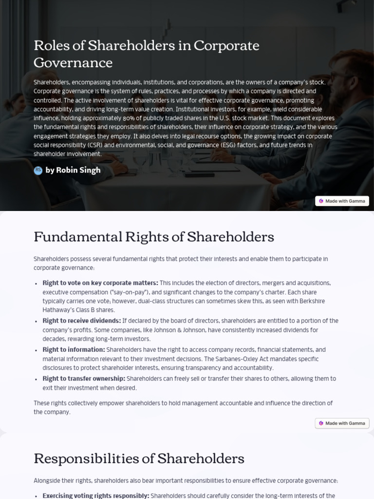 Roles of Shareholders in Corporate Governance | PDF | Corporate Social ...