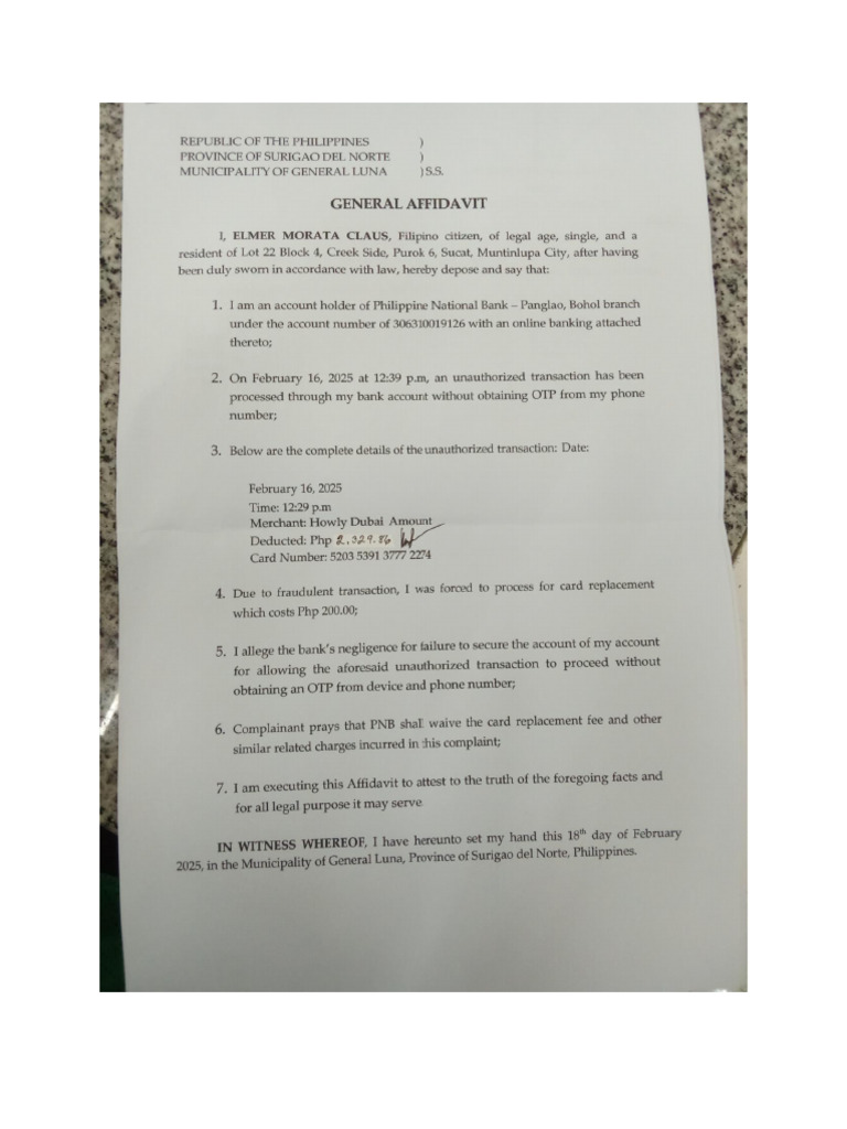 PNB General Affidavit - Claus, Elmer | PDF