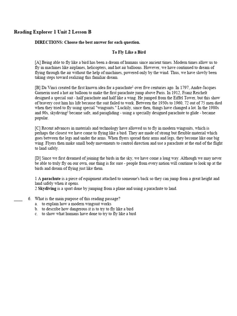 reading_explorer_1_unit_2_lesson_b | PDF | Parachute | Aviation