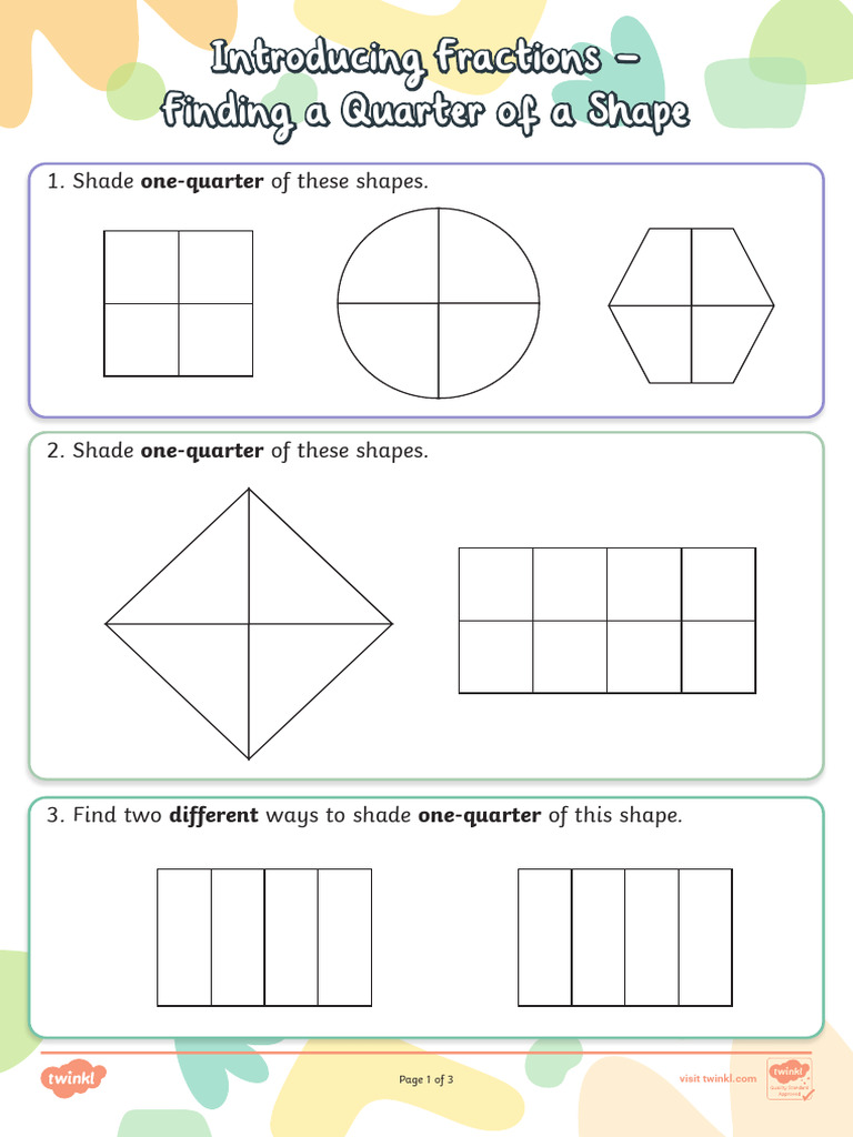 Shade One-Quarter of Shapes Worksheet | PDF