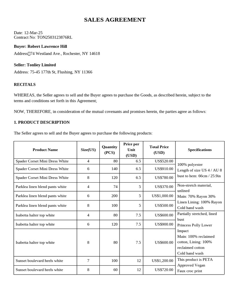 Sales Agreement-Ton2503123876rl | PDF | Private Law | Common Law