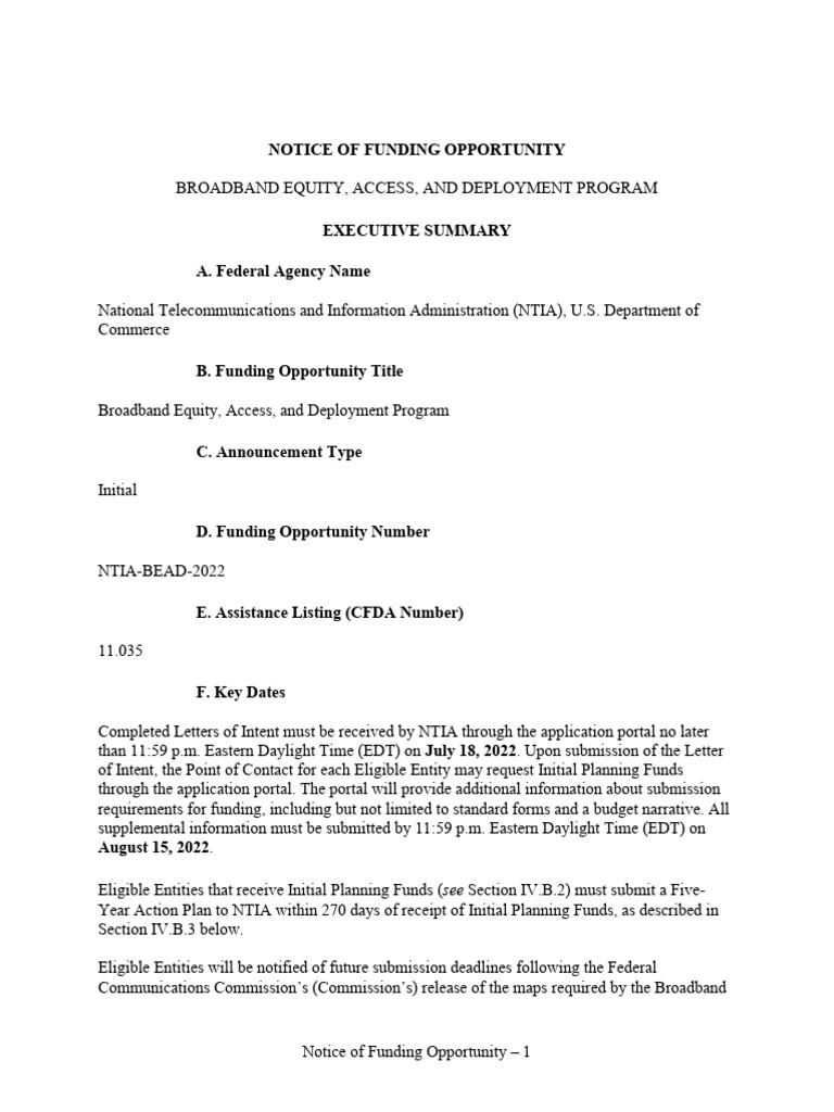 NOTICE OF FUNDING OPPORTUNITY - BROADBAND EQUITY, ACCESS, AND ...