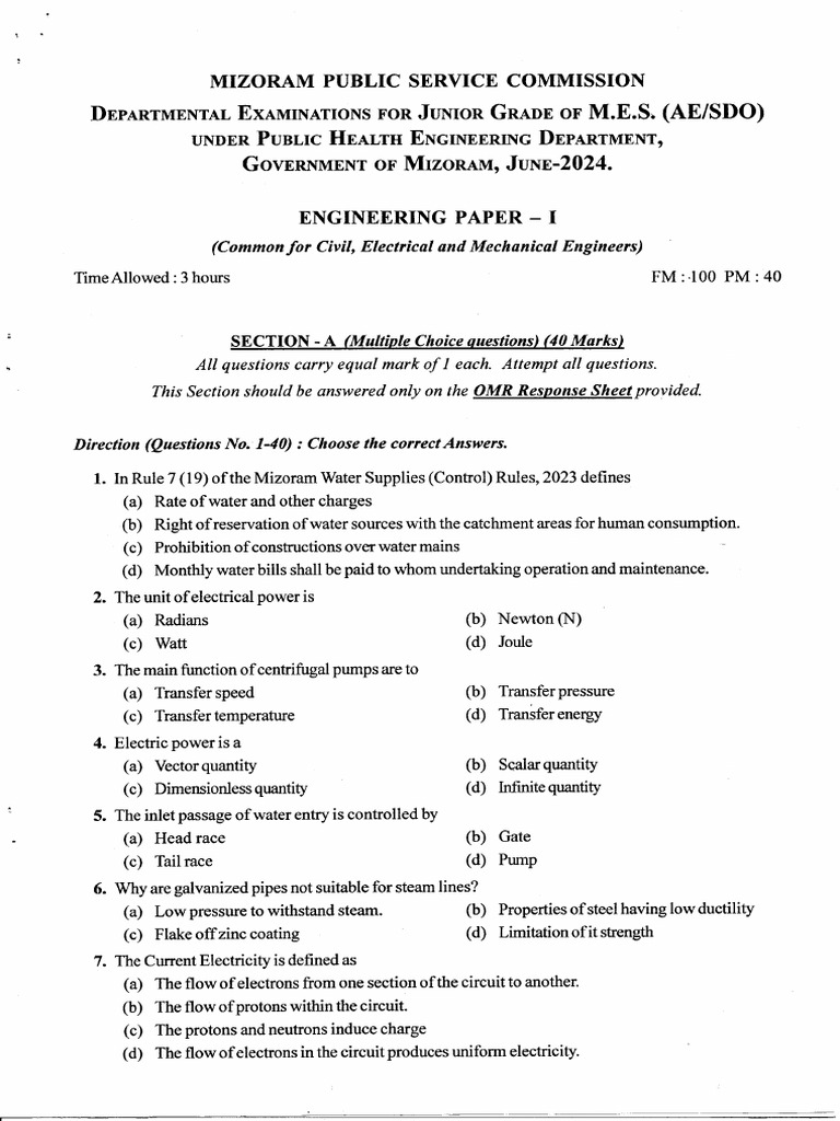 Jrgrade of Mes Phed Engg Paper I Comon For Civil Electricalmechanical | PDF