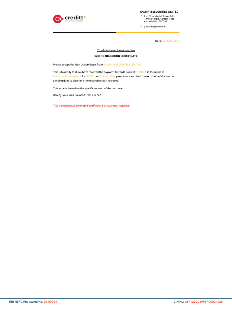 Loan Closure Certificate for Riddhima Bhatnagar | PDF