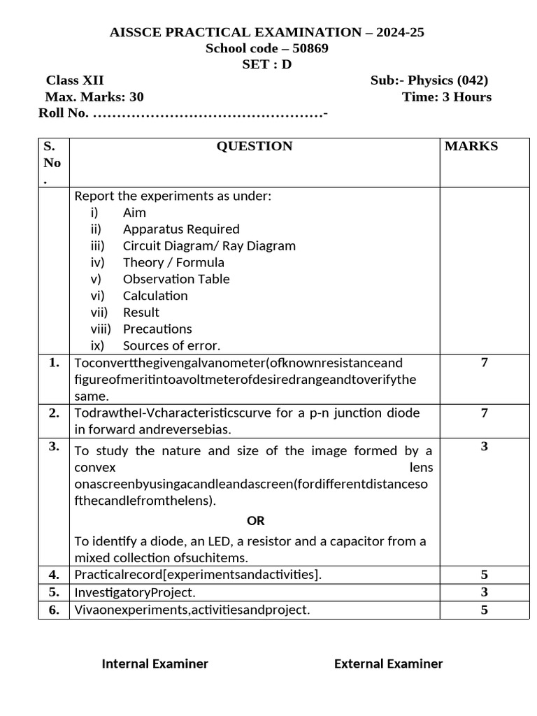 AISSCE PRACTICAL EXAMINATION PHYSICS PAPER SET - D | PDF