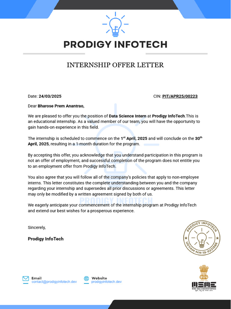 Internship Offer Letter: 24/03/2025 Pit/Apr25/00223 Bharose Prem Anantrao, Data Science Intern ...