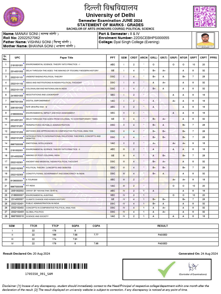 University of Delhi: Semester Examination JUNE 2024 Statement of Marks / Grades | PDF | Liberal ...