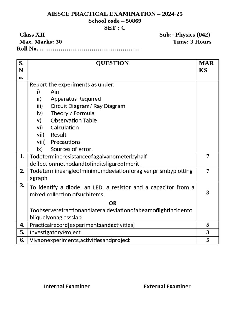 Aissce Practical Examination Physics Paper Set - C | PDF
