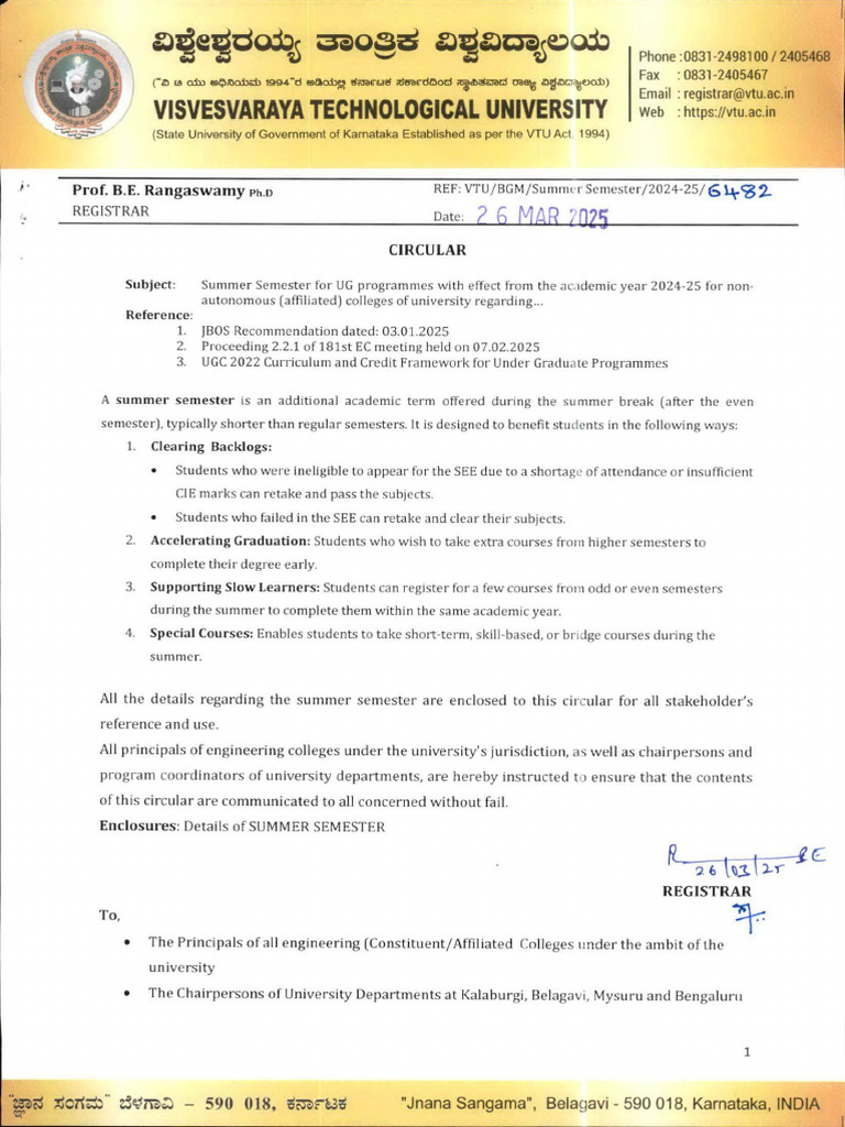 Circular (6482) - Summer Semester For UG Programmes 2024-25 For VTU Affiliated Colleges (Non ...