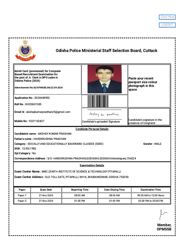 ODISHA CLERK - ADMIT CARD Akhay Bhai | PDF | Access Control | Authentication