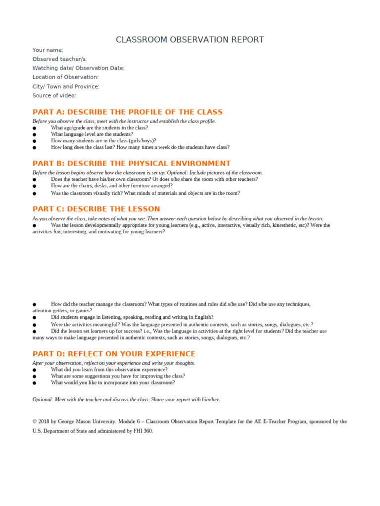 Classroom Observation Report | PDF | Classroom | Learning