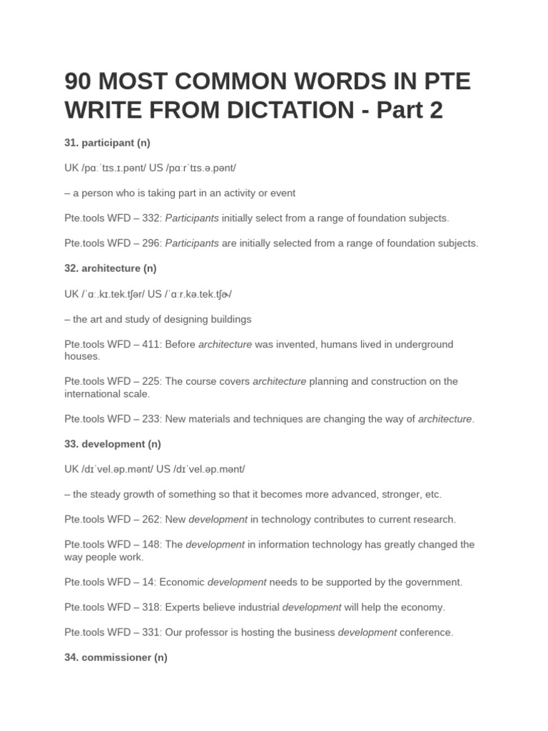 90 MOST COMMON WORDS IN PTE WRITE FROM DICTATION PART 2 | PDF | Foods ...