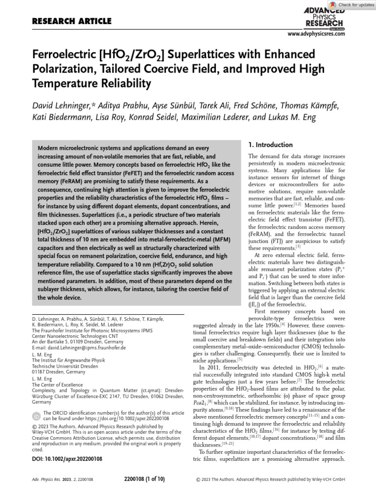 Advanced Physics Research - 2023 - Lehninger - Ferroelectric HfO2 ZrO2 Superlattices With ...