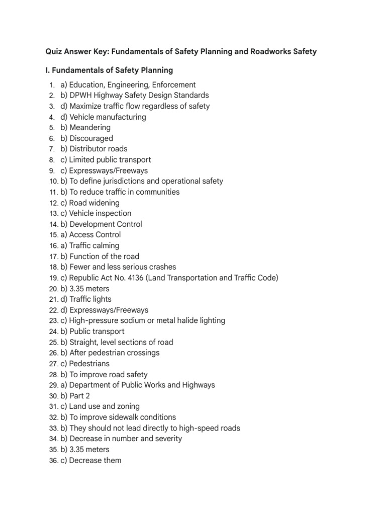 Quiz Answer Key - Fundamentals of Safety Planning and Roadworks Safety ...