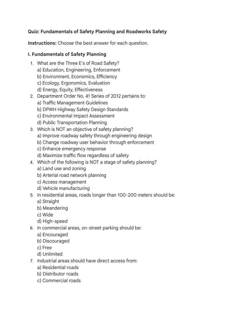 Quiz - Fundamentals of Safety Planning and Roadworks Safety 1 | PDF ...