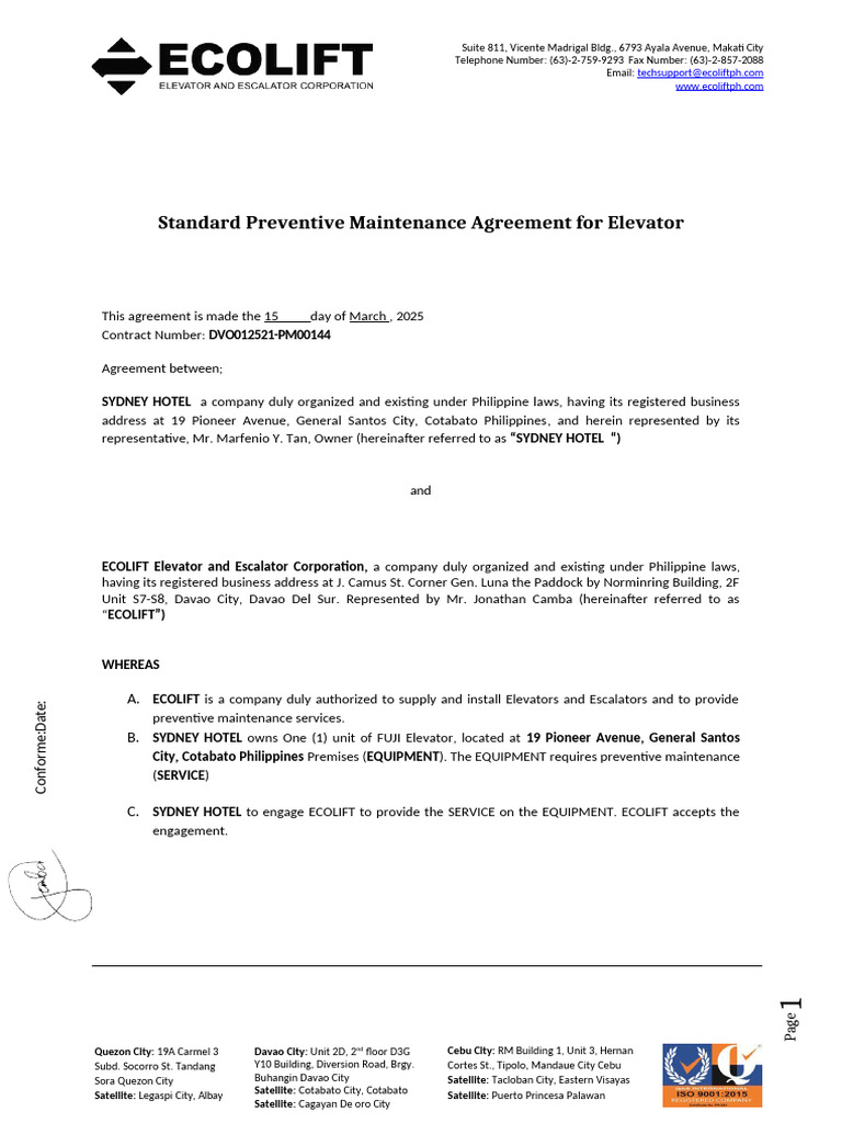 Pms Agreement for Sydney Hotel | PDF | Elevator | Employment