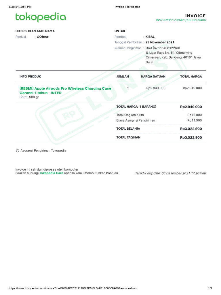 Invoice - Tokopedia Airpods Pro 1 | PDF
