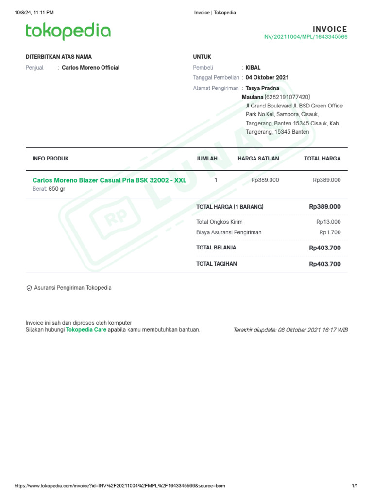 Invoice - Tokopedia Blazzer Carlos Moreno | PDF