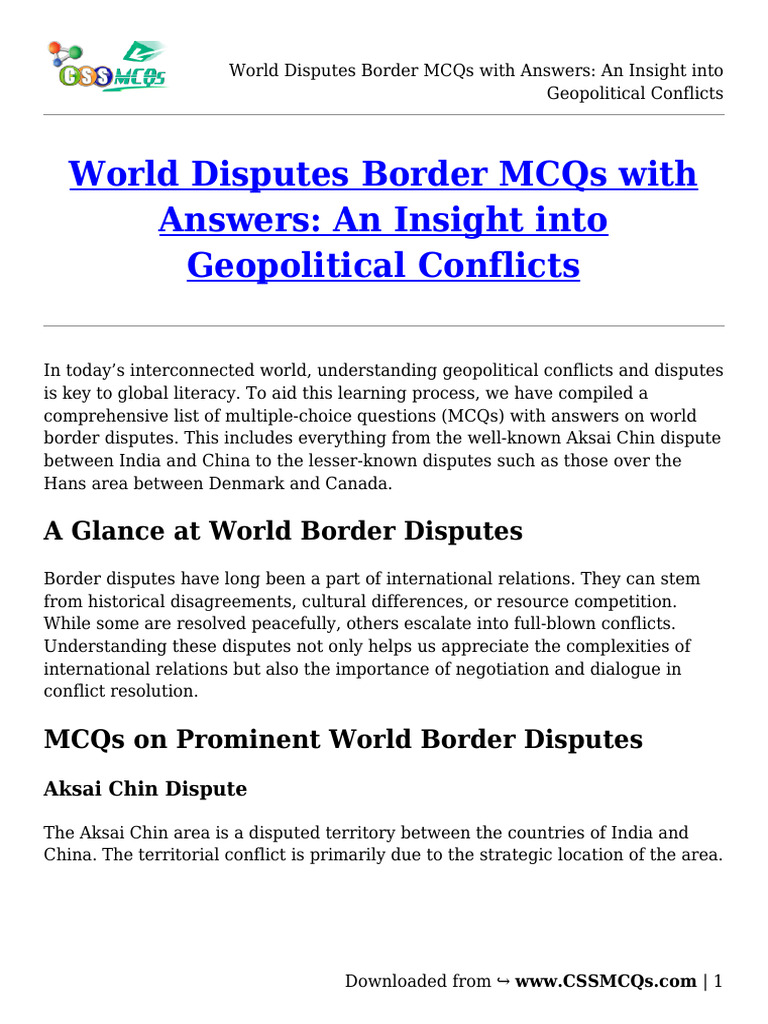 World Disputes Border MCQs with Answers_ An Insight into Geopolitical ...