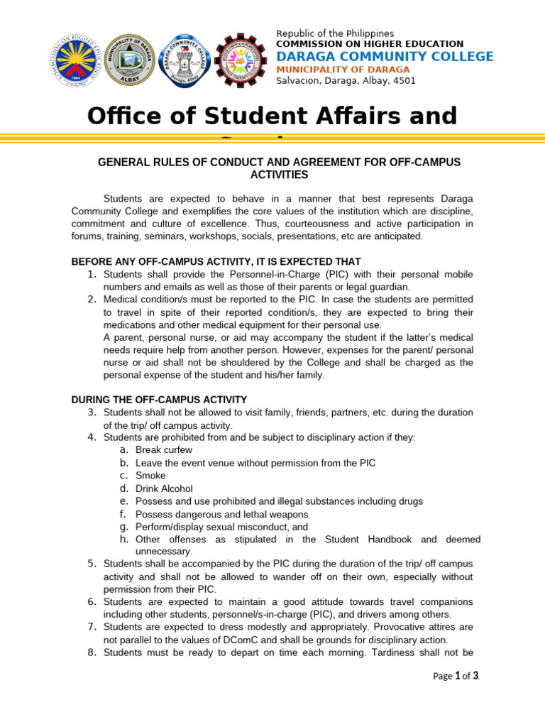 General Rules of Conduct and Agreement For Off Campus Activities | PDF ...