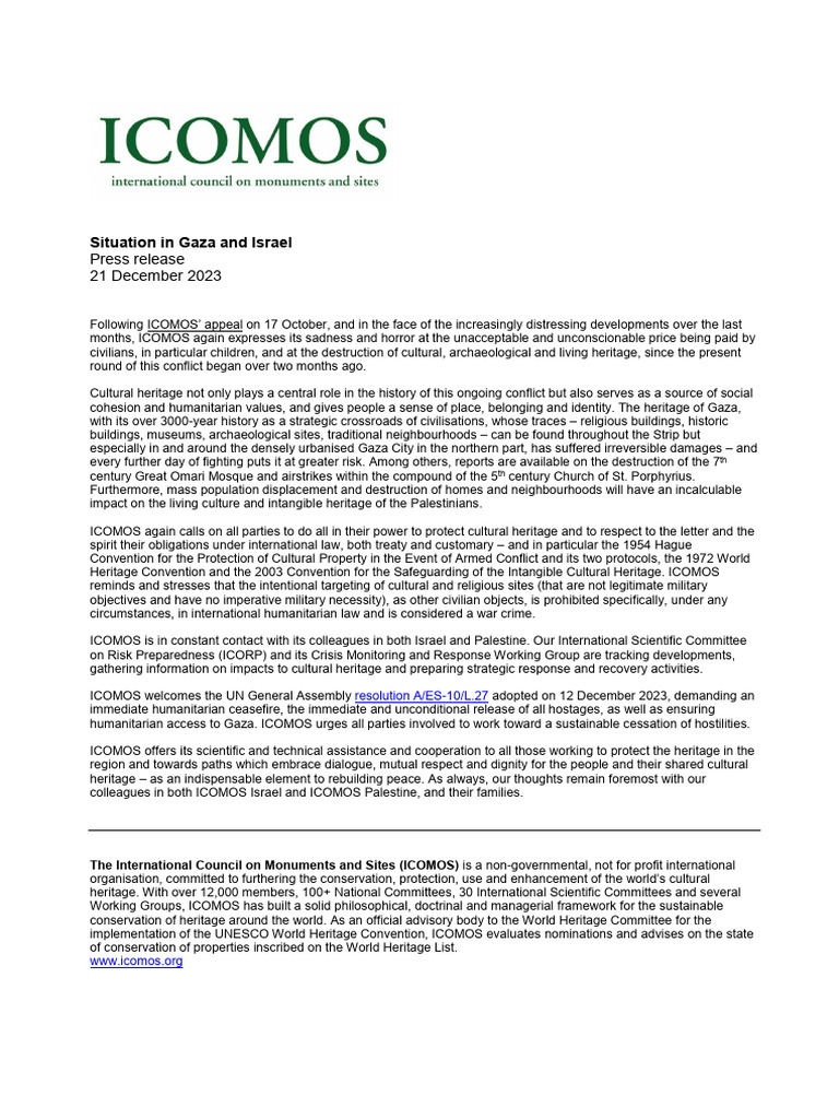 GazaIsrael PressRelease ICOMOS EN 20231221 | PDF | International ...