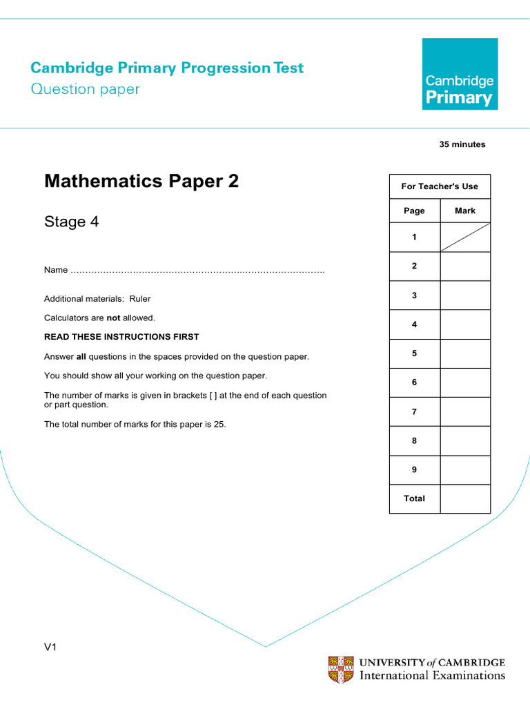 Toaz - Info Cambridge Primary Progression Test Stage 4 Math Paper 2 ...