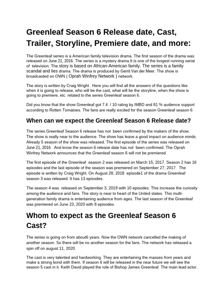 Greenleaf Season 6 Release Date | PDF | Television Shows | Television ...