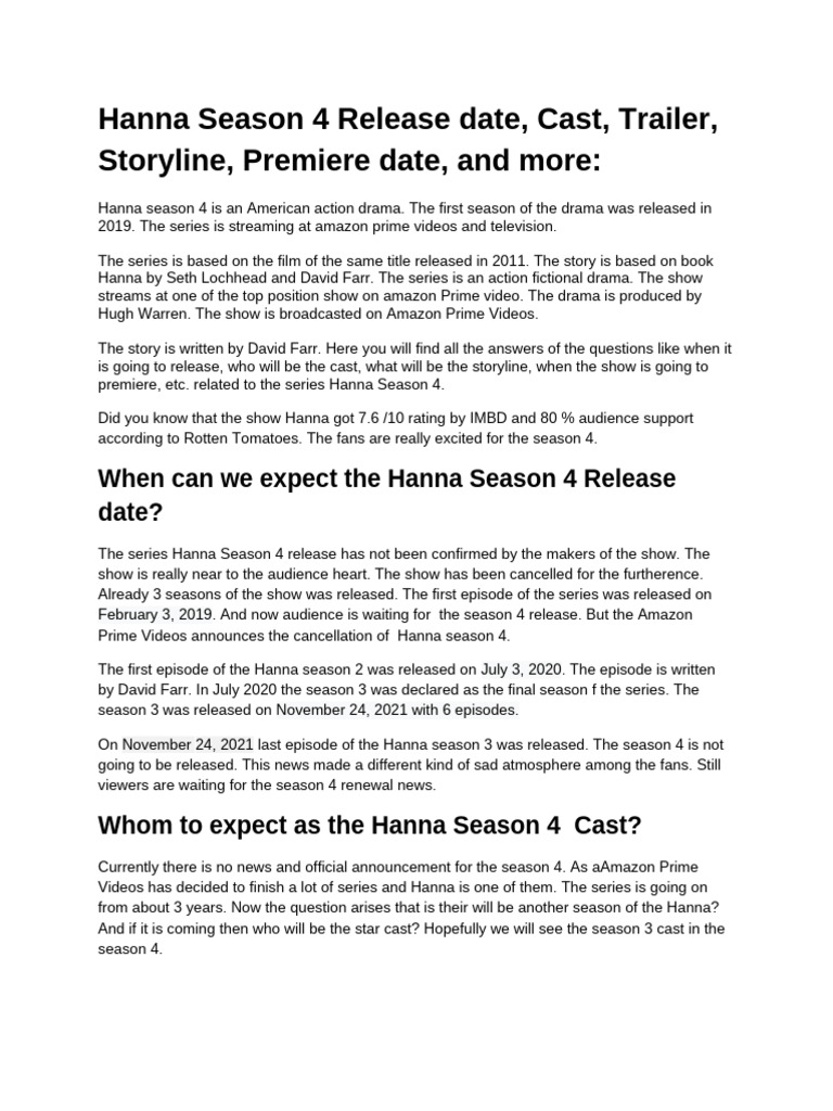 Hanna Season 4: Release, Cast, Trailer Info | PDF | Television Series ...